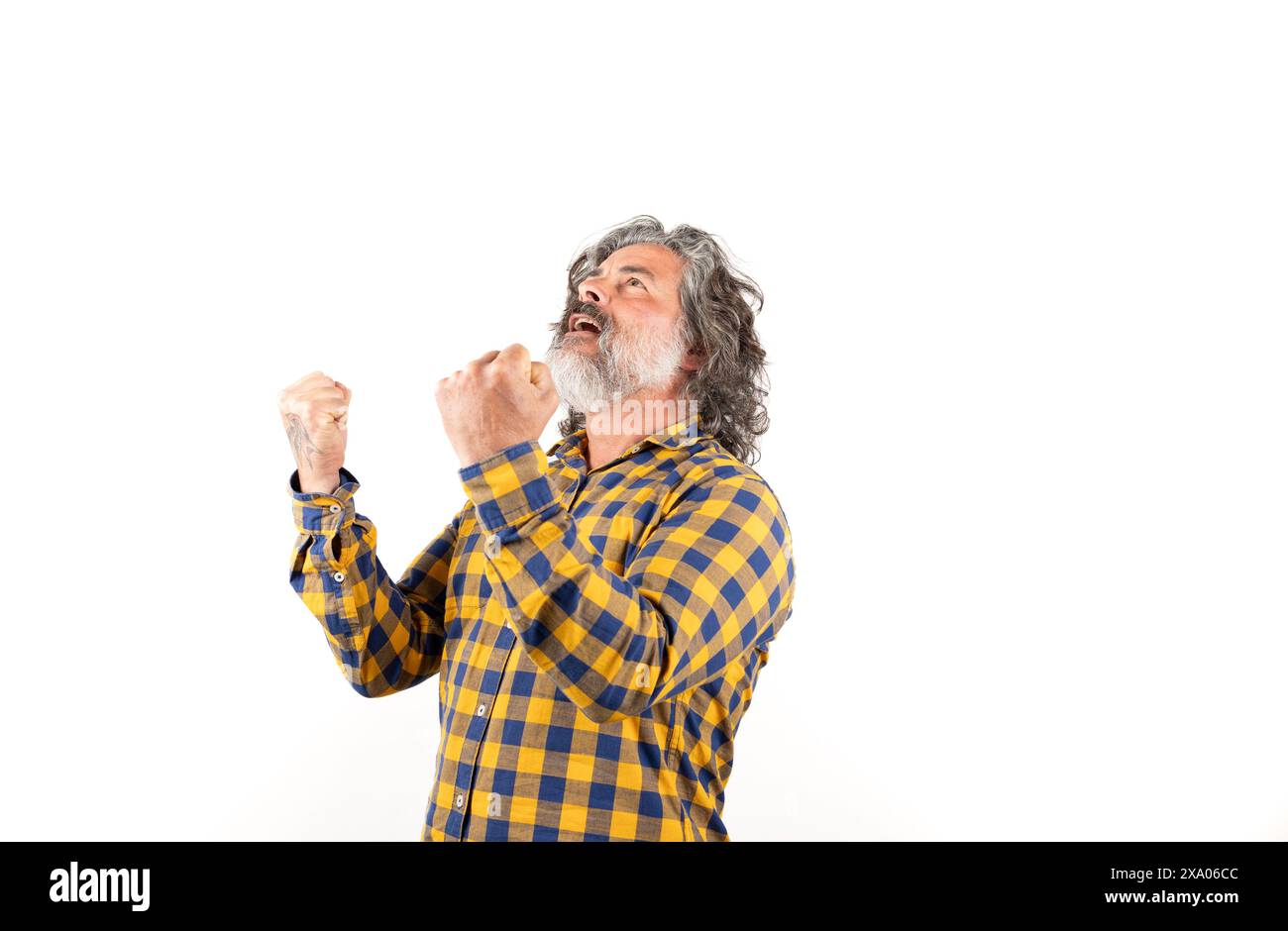 An excited man raising his fists in celebration of victory Stock Photo ...