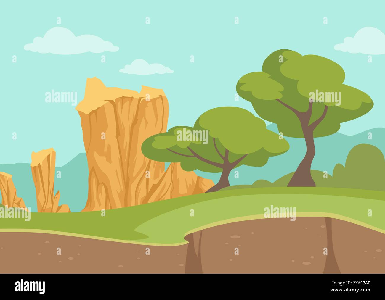 Tree background cartoon landscape with mountain hills and trees Stock ...
