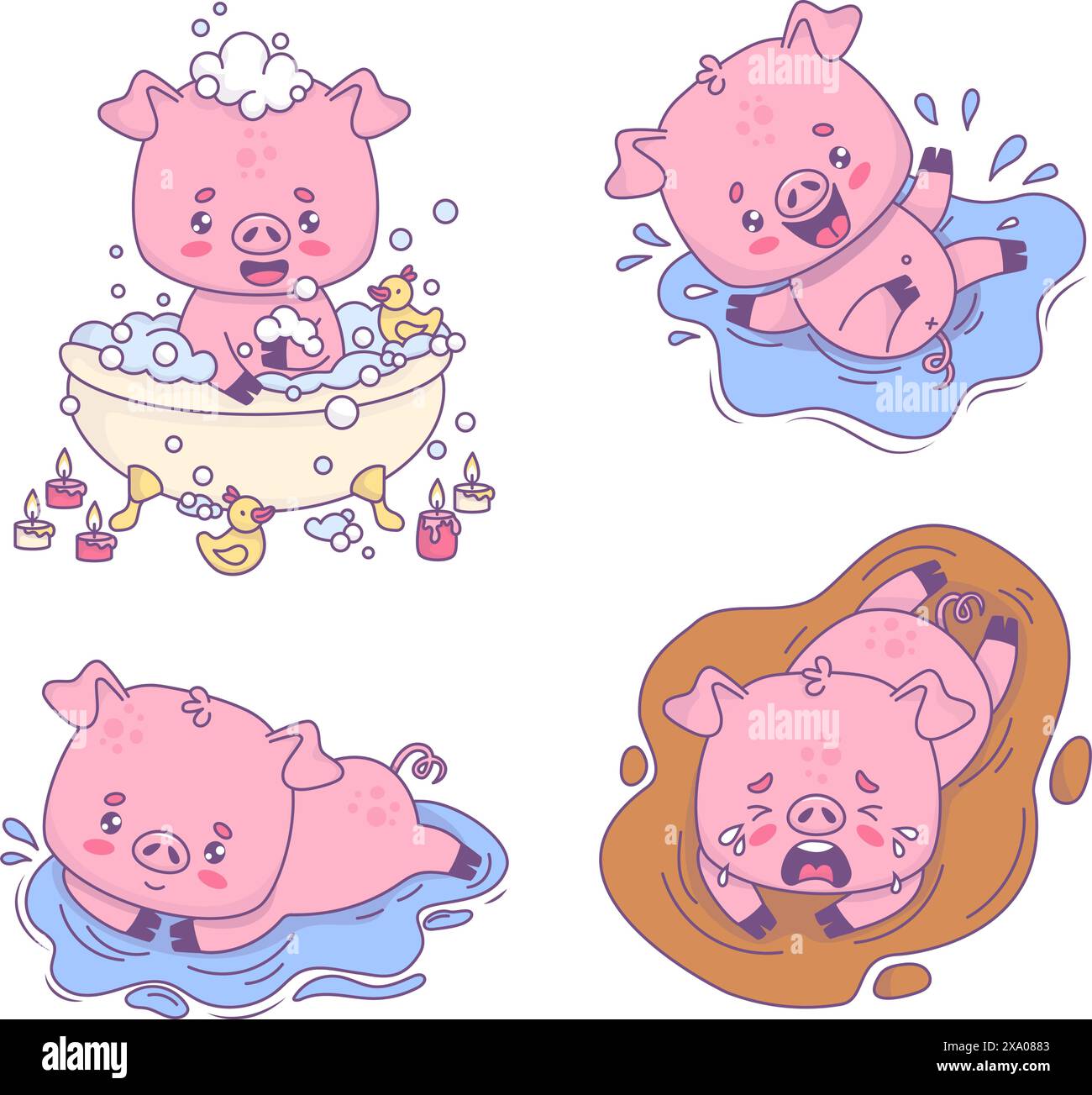 Cute funny bathing pig collection. Smiling piggy in bath, happy one is ...