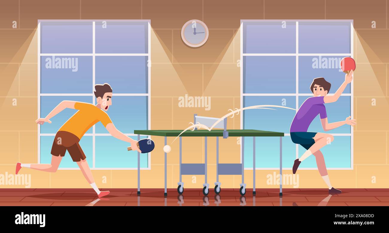 Table tennis. Sport background with active characters playing in ping ...
