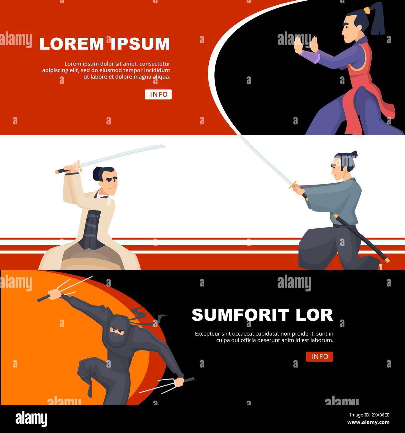 Fighters martial arts banners with ninja and samurai fighters Stock ...