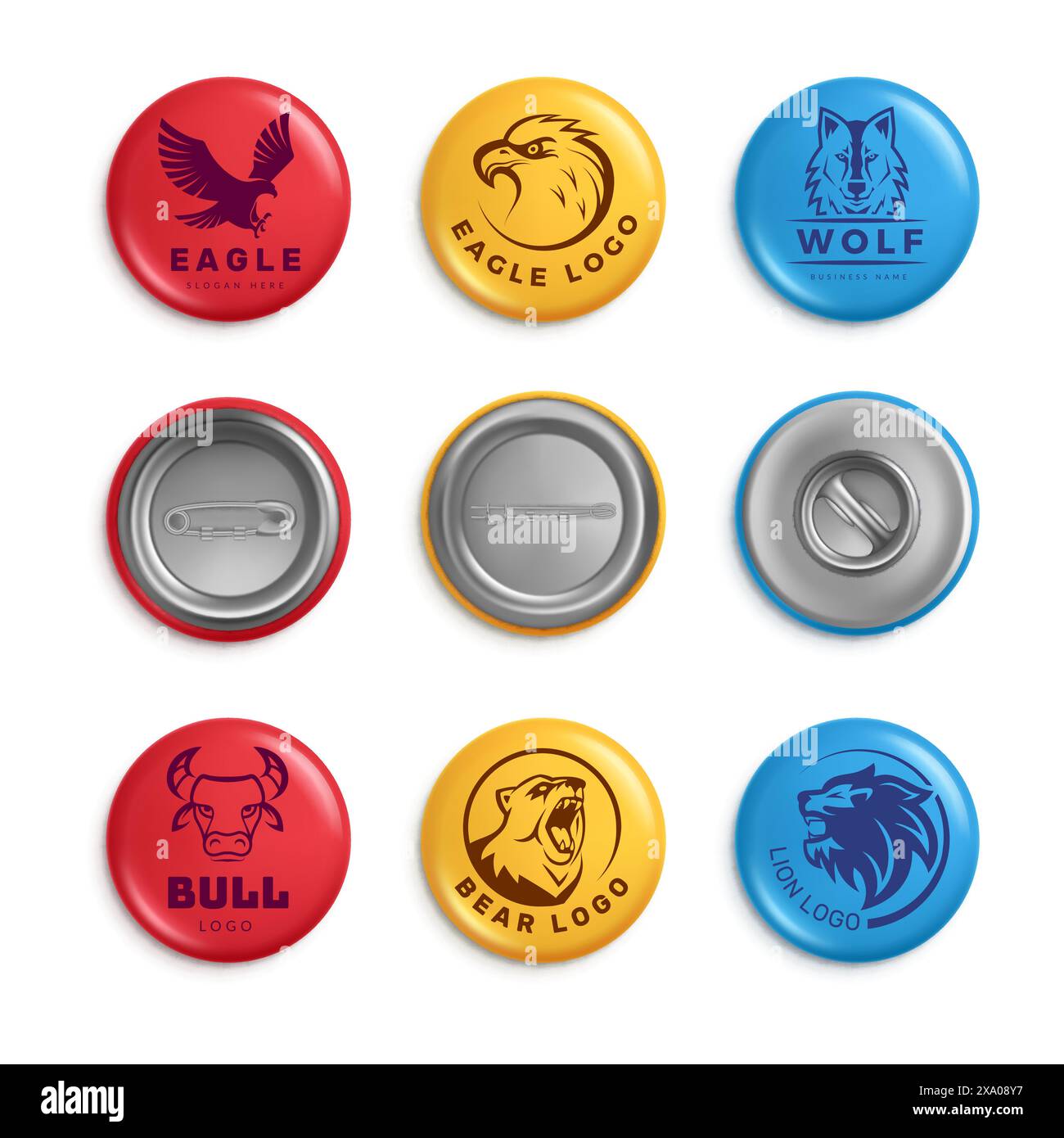 Realistic pin button animal badges collections stylized bird wolf eagle ...