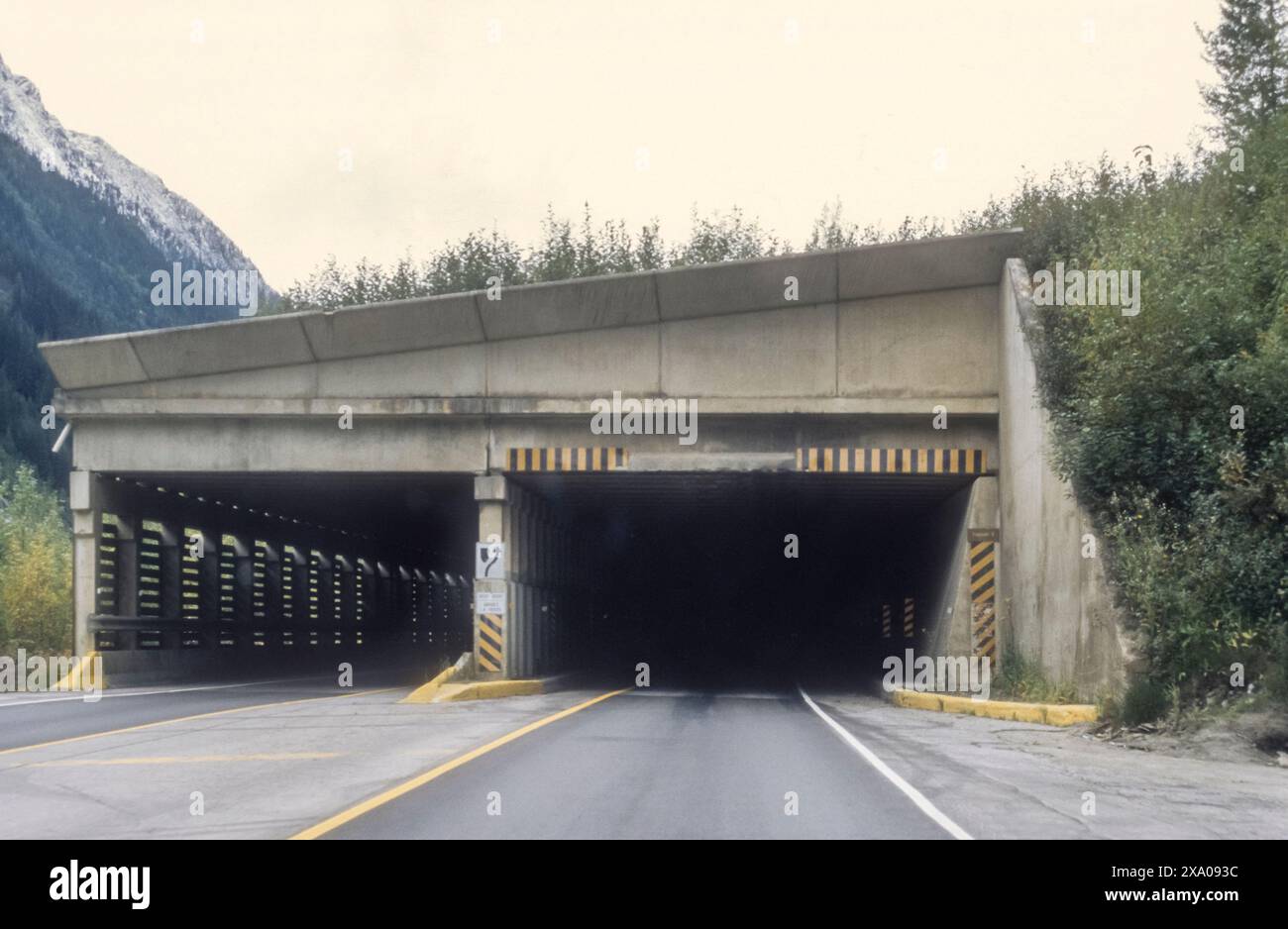 1990s archive photograph of anti-avalanche tunnels on the Trans ...