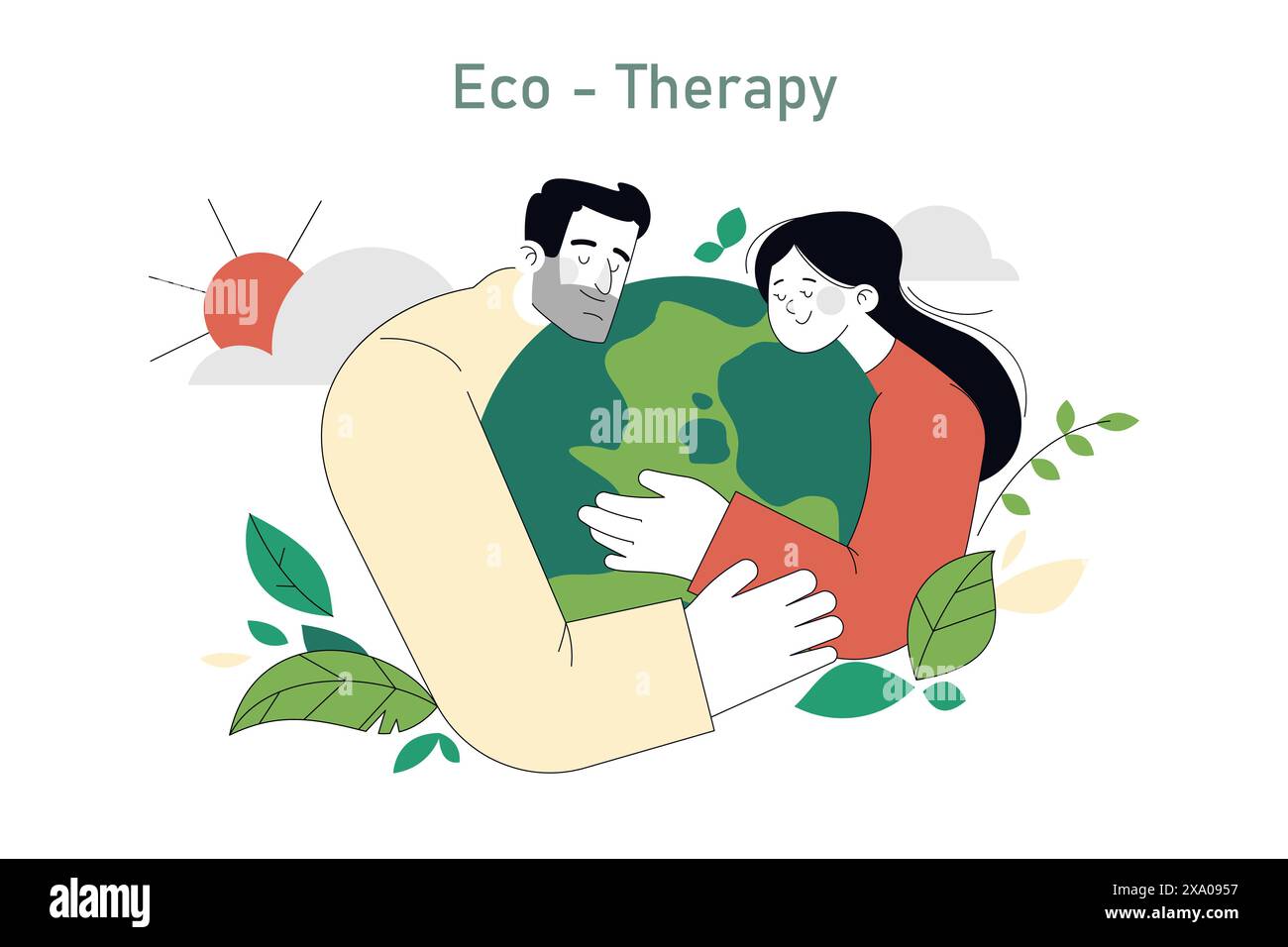 Eco-Therapy concept. A man and woman embracing an earth figure ...