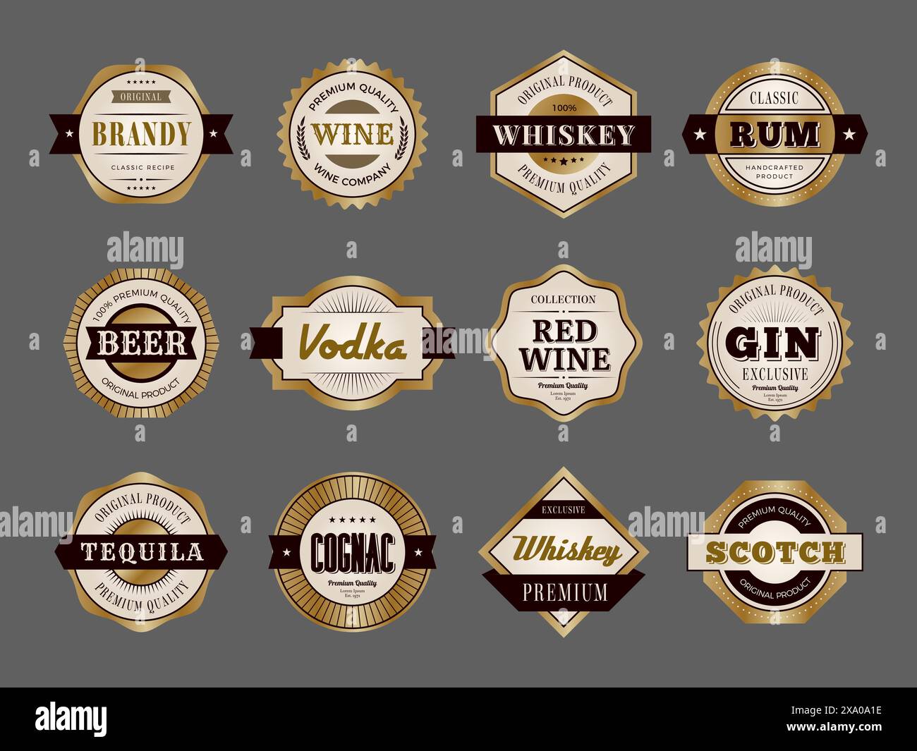 Alcohol badges. Hot premium drinks production decorative labels whiskey ...