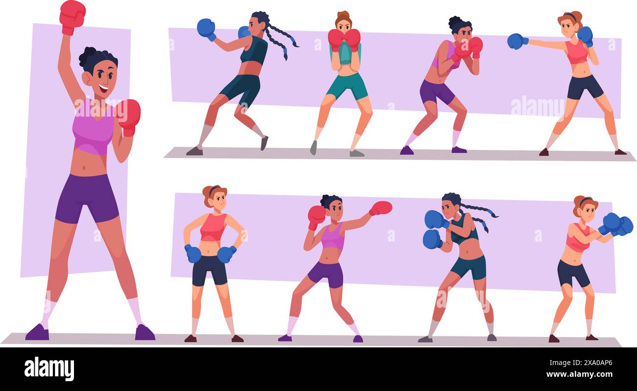 Woman boxing. Female fighters punching in gloves sport female ...