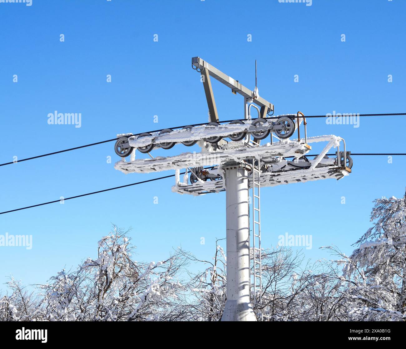 Detail view of a ski lift pole with many rolls and steel cables. Ski ...
