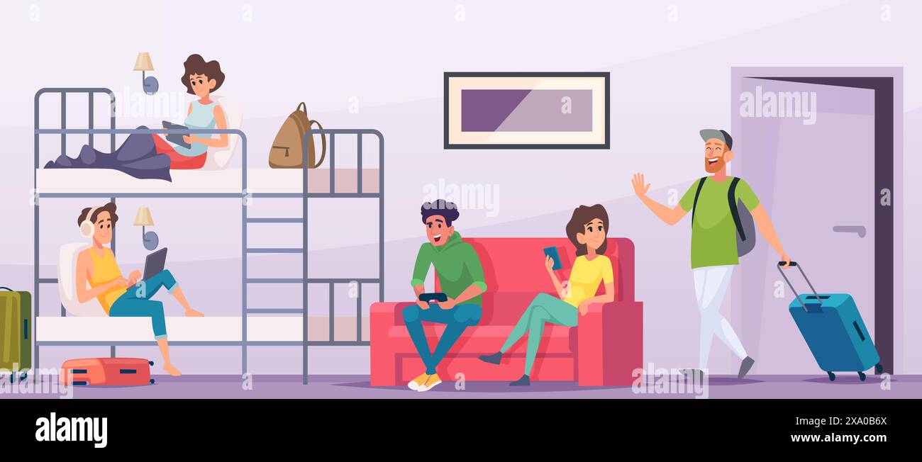 Hostel open space room with students sleeping sitting playing walking ...