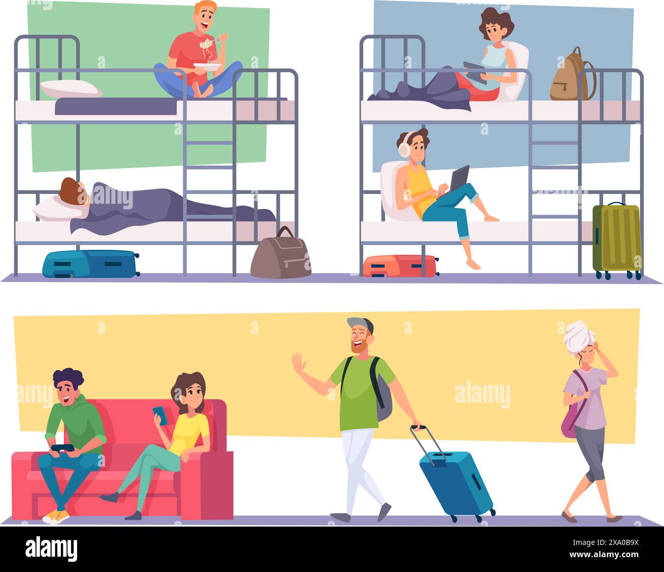 Hostel people. Travelers lifestyle sleeping relax eating in hostel open ...