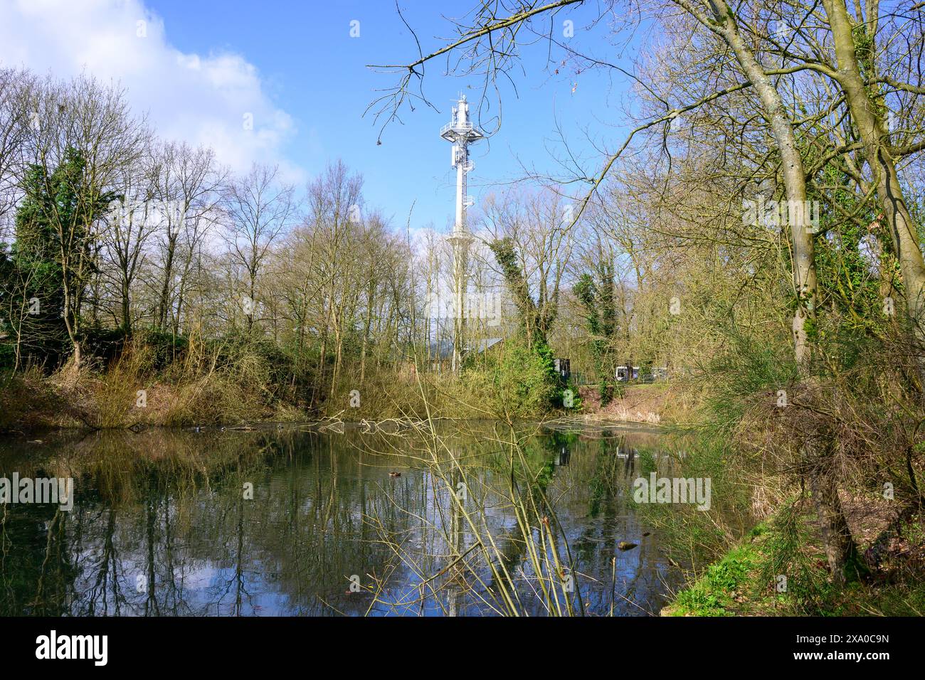 A transmission tower above the fort of Mortsel in Antwerp, Belgium ...