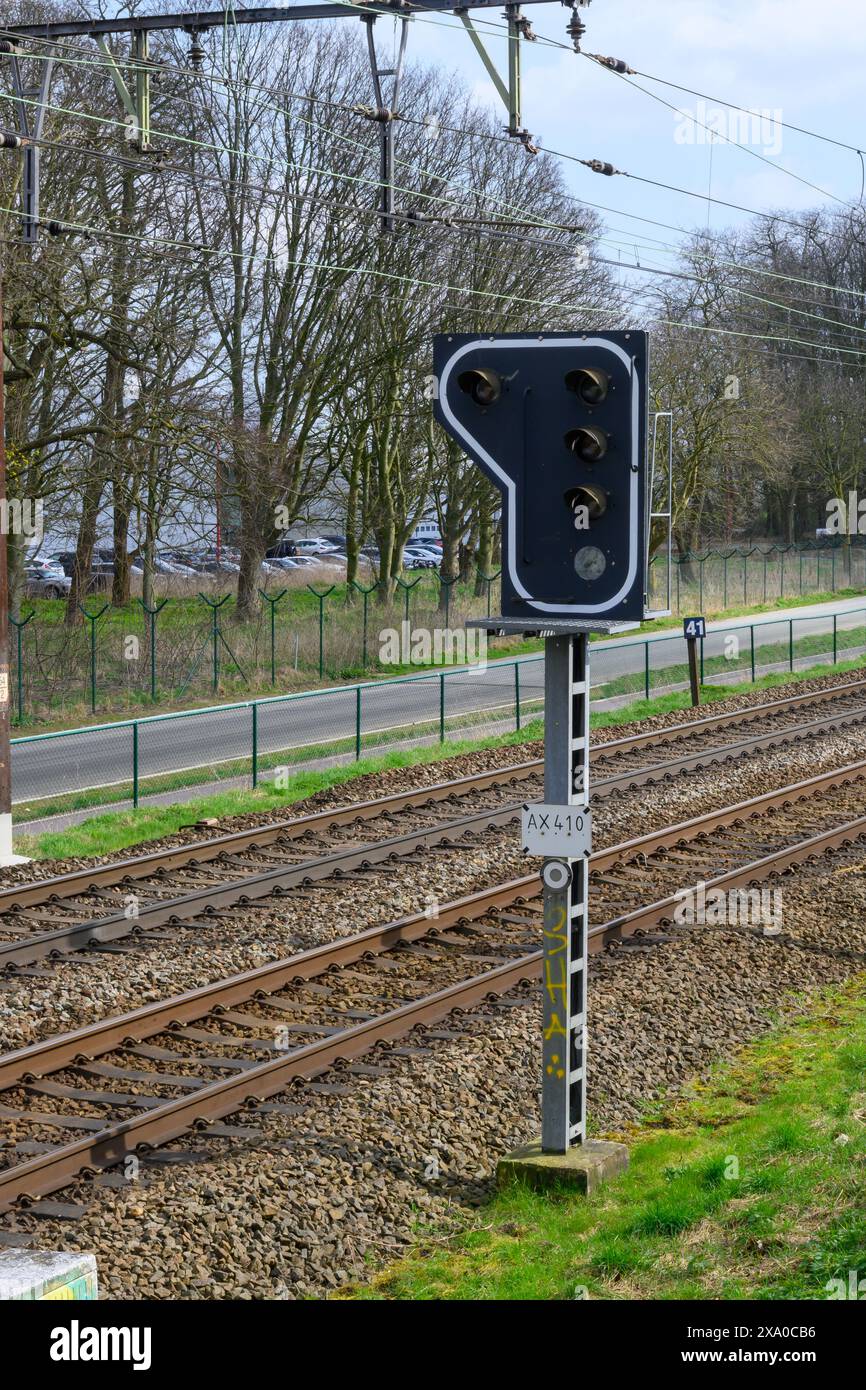 A train traffic light near the railways in Mortsel, Antwerp, Belgium ...