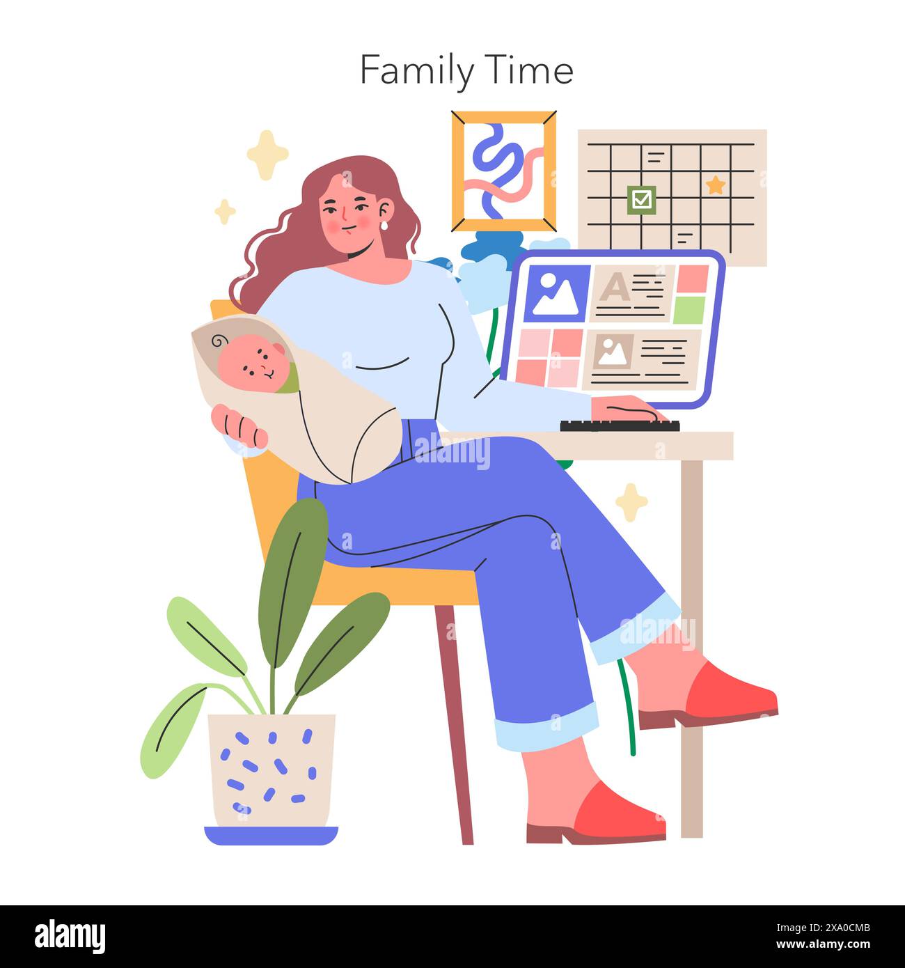 Family Time illustration Multitasking parent combines work with ...