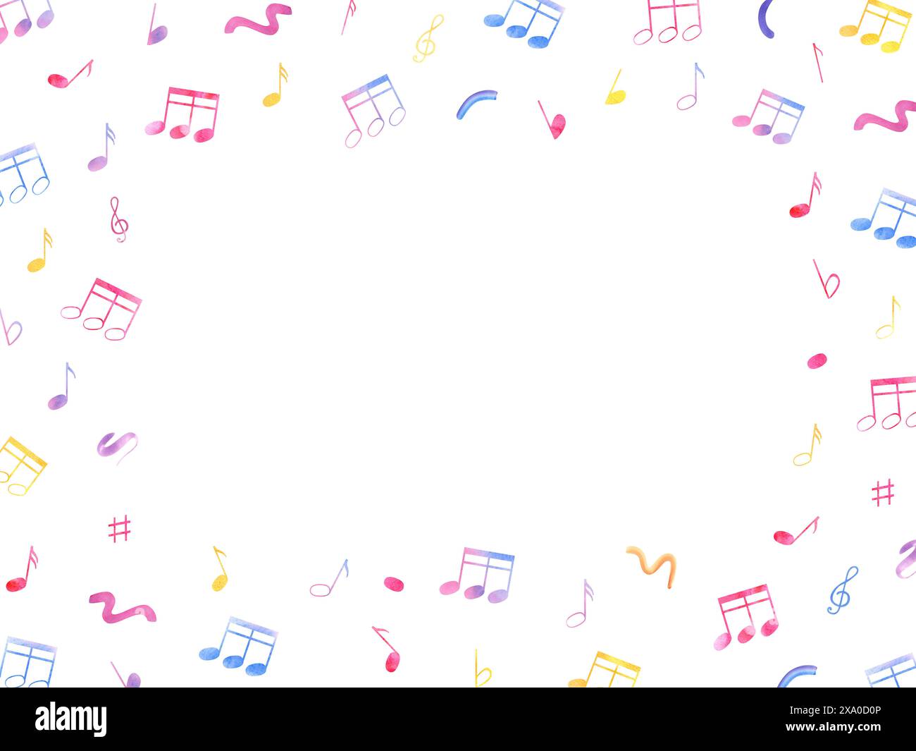 Music notes. Sound symbols in various colors. Horizontal frame with ...