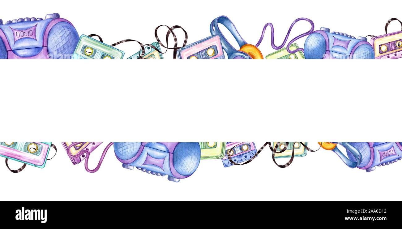 Wired headphones, audio cassettes and tape recorder. Nostalgia for the ...