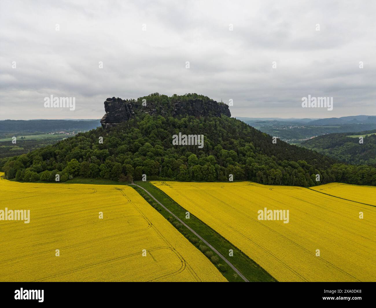 An aerial view of green and yellow fields in Lilienstein, Saxon ...