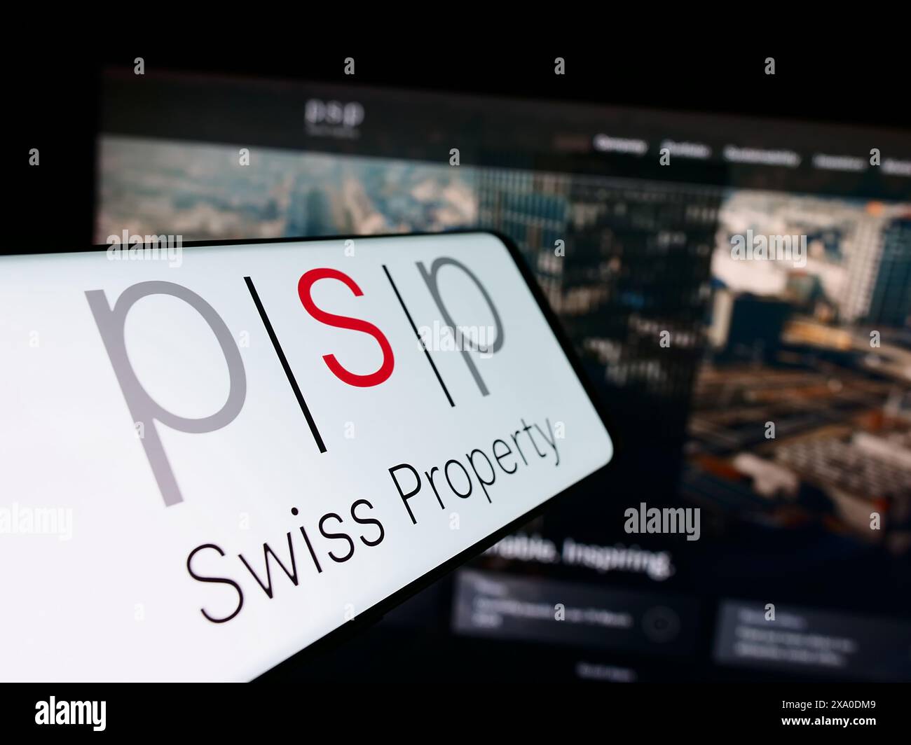 Mobile phone with logo of real estate company PSP Swiss Property AG in ...