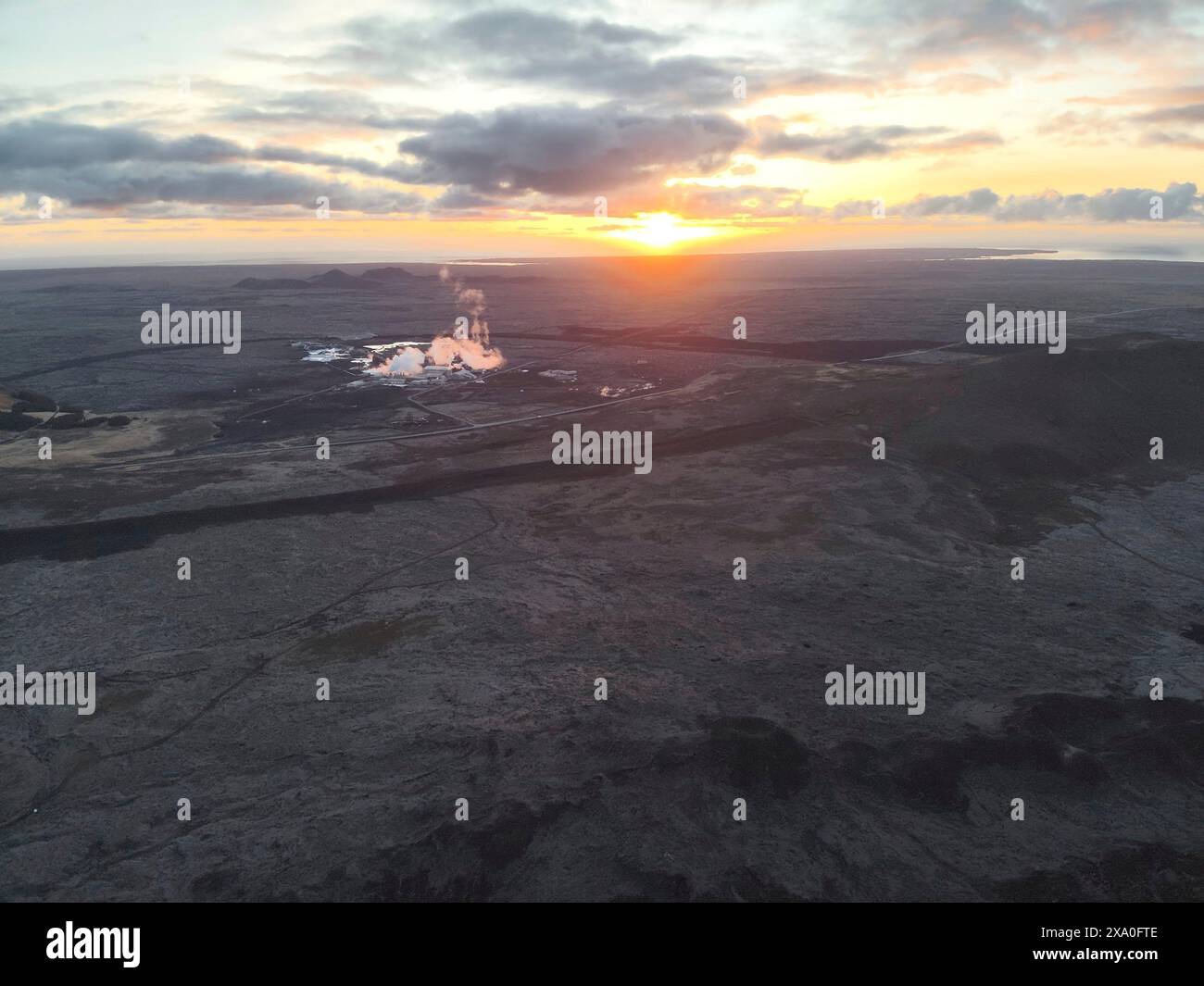 Grindavik, Iceland. 08 May, 2024. Aerial view showing hardened magma ...
