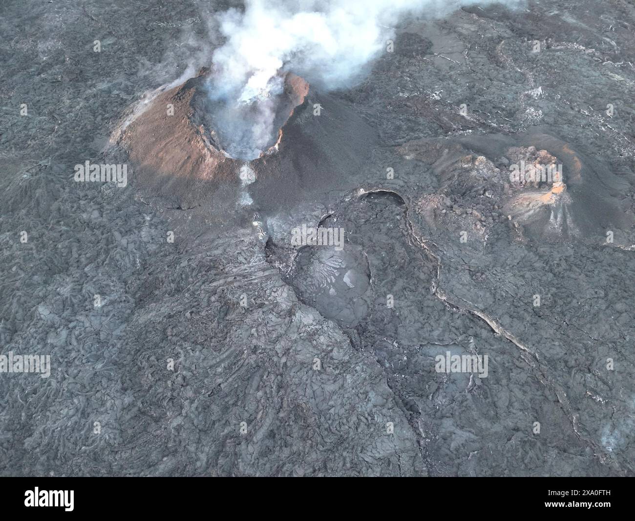 Grindavik, Iceland. 08 May, 2024. Aerial view showing steam and gasses ...
