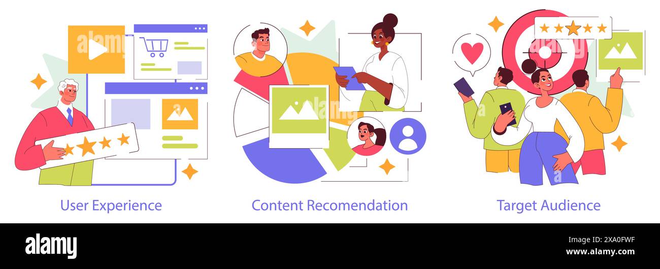 Customer Engagement set. Illustrating user experience, content recommendation, and target ...