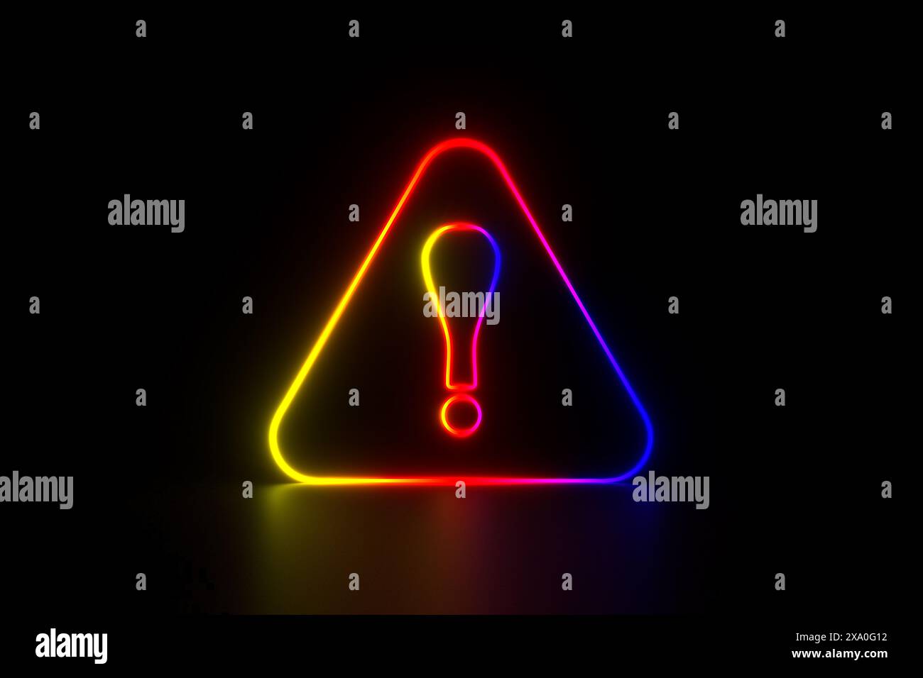 neon triangle and exclamation point on black background. 3D ...
