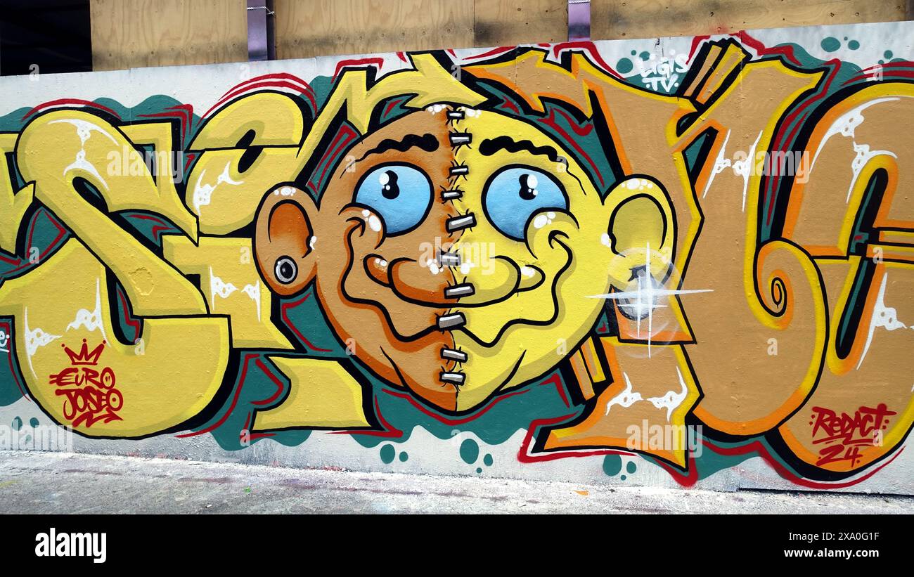 Graffiti colourful art artwork red yellow paint painted concrete wall ...