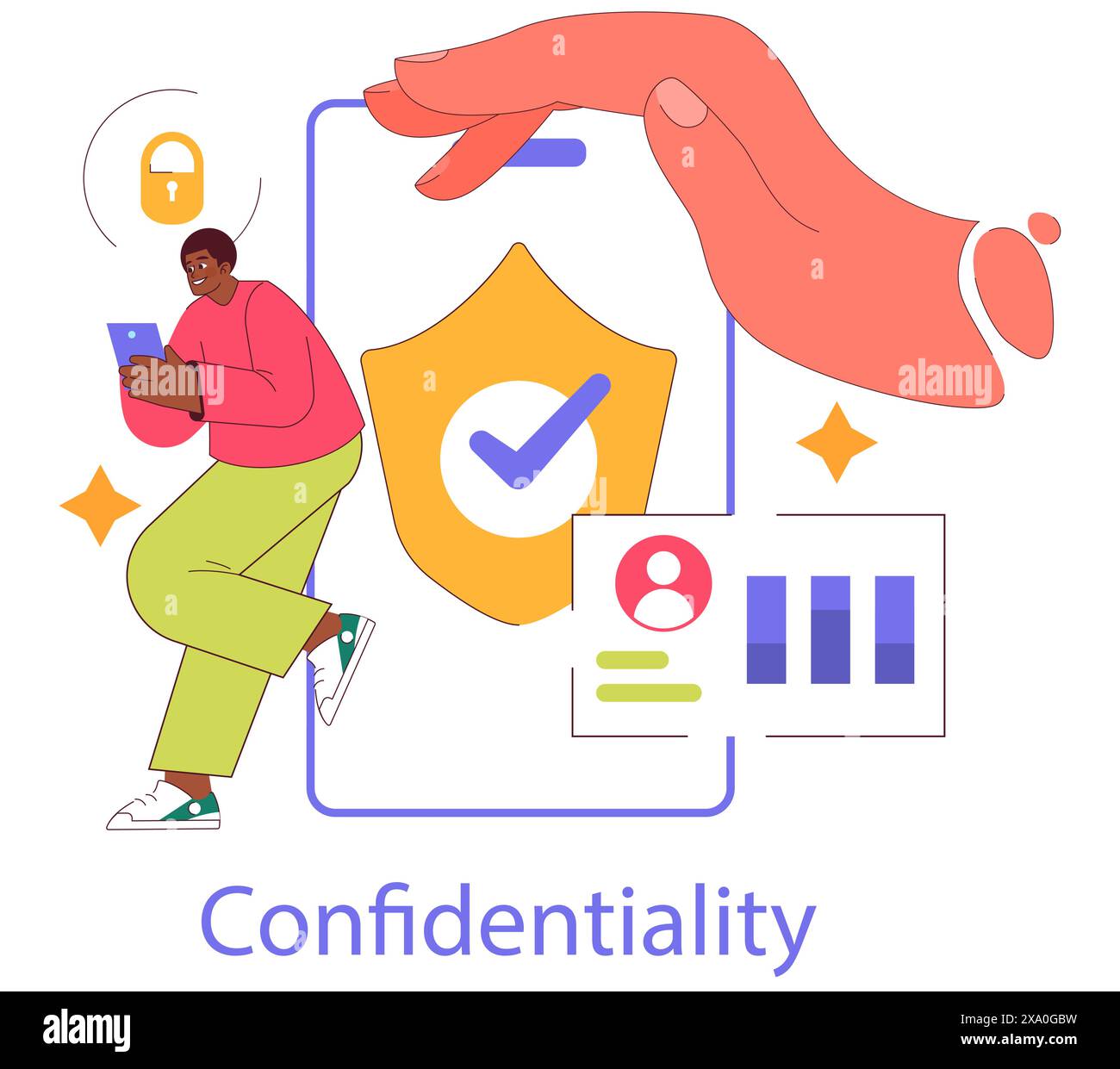 Millennial smartphone user protected by digital privacy shield. Online ...