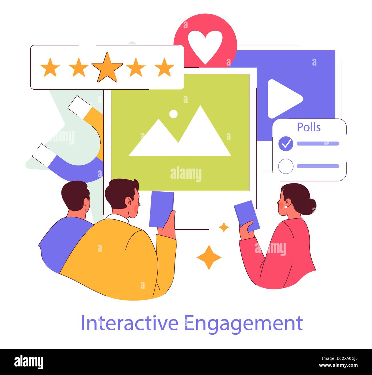 Interactive Engagement concept. Individuals engage with digital content through likes, ratings ...