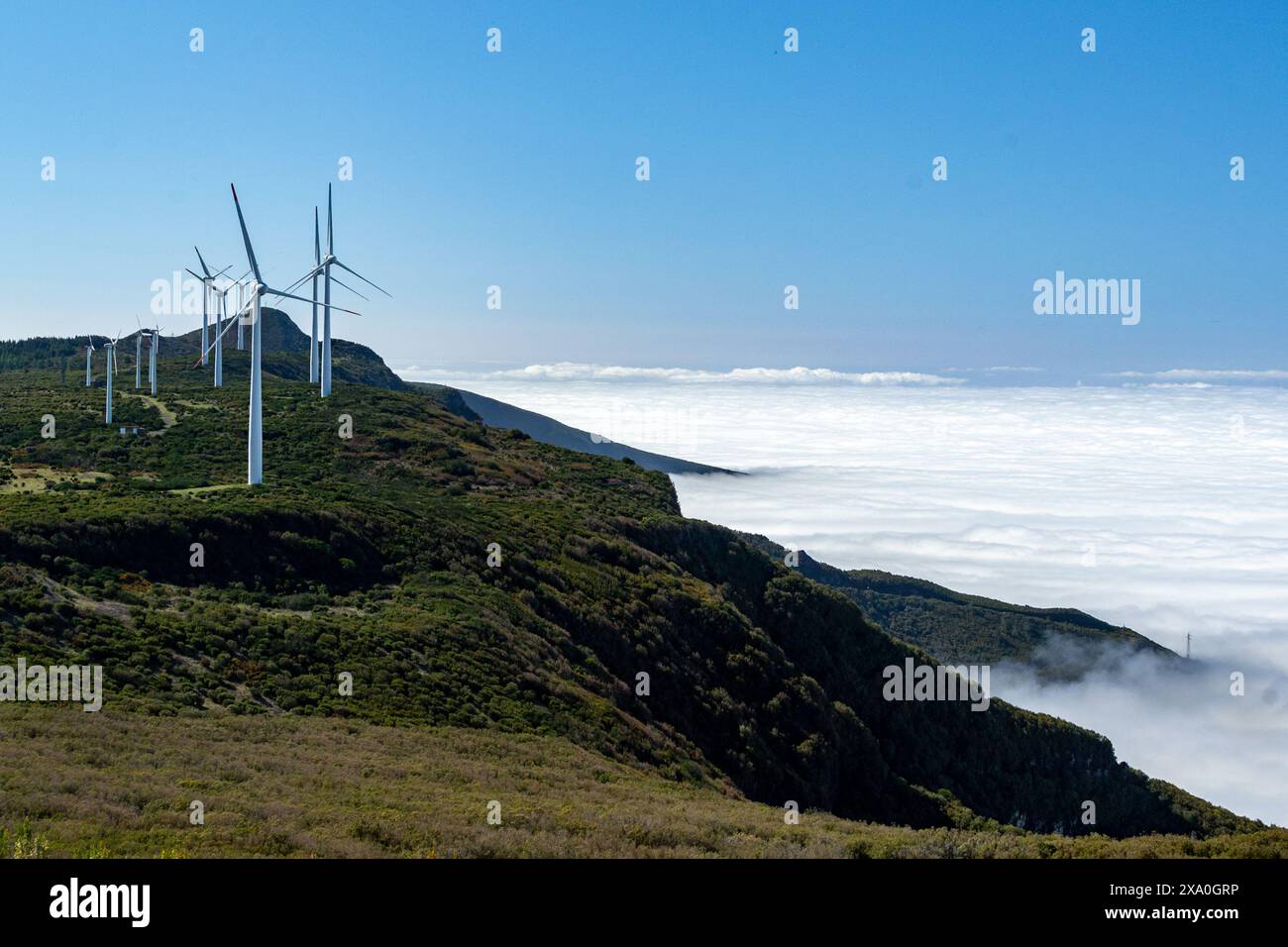 Wind turbines park generating renewable electricity high in mountains ...