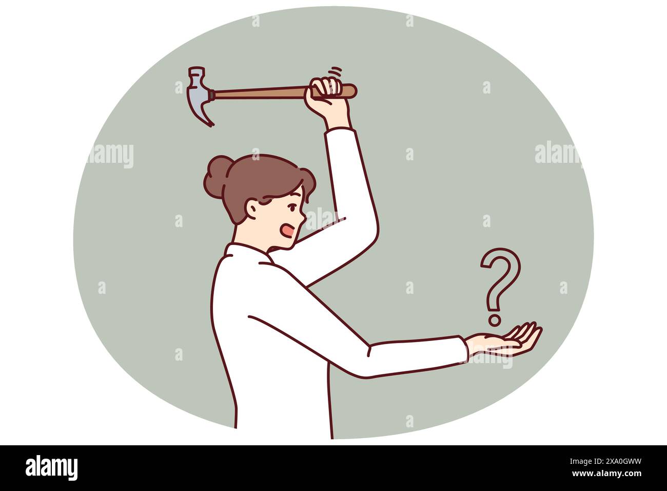 Woman swinging hammer at question mark showing courage in solving ...