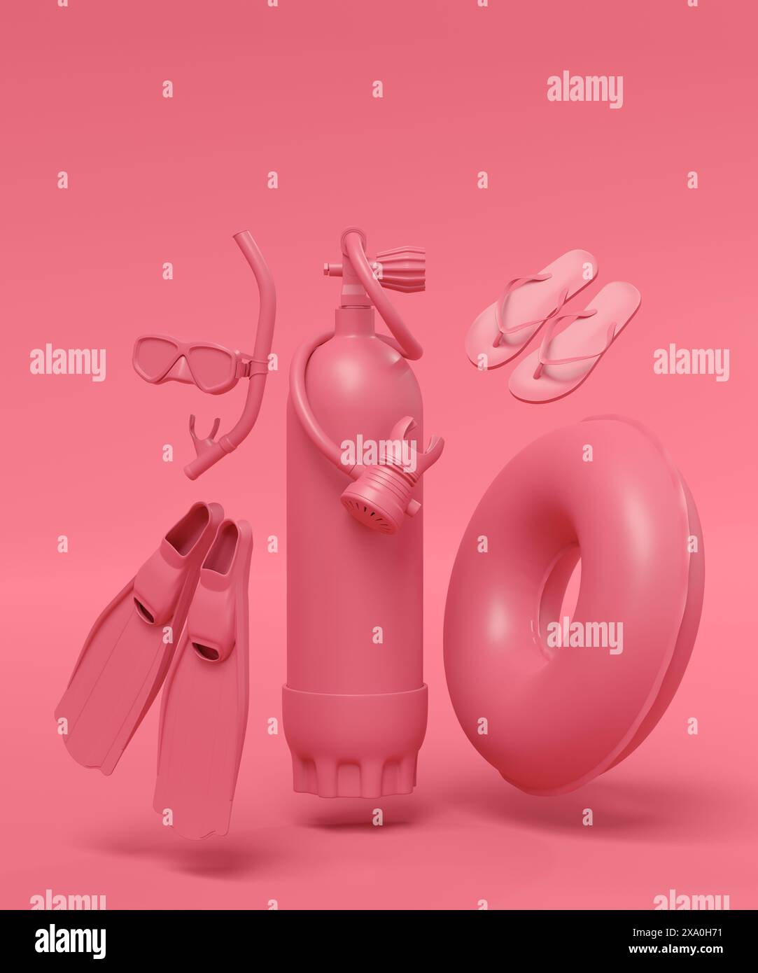 Colorful scuba stuff and beach accessories like umbrella, flip flops ...