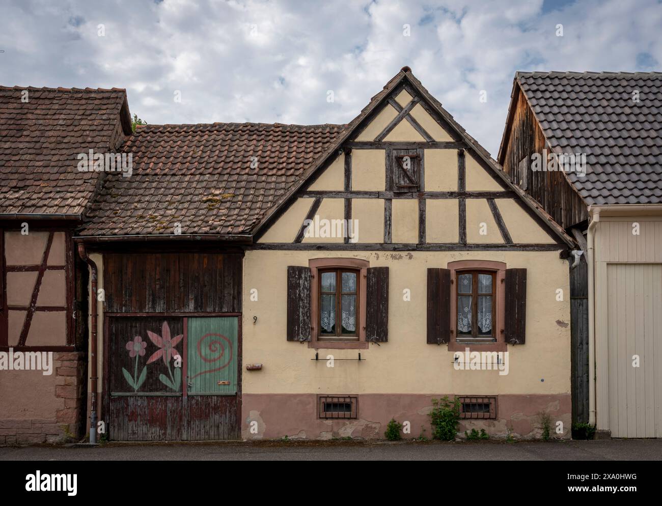 Goxwiller, France - 06 29 2023: View of a typical colorful Alsacian ...