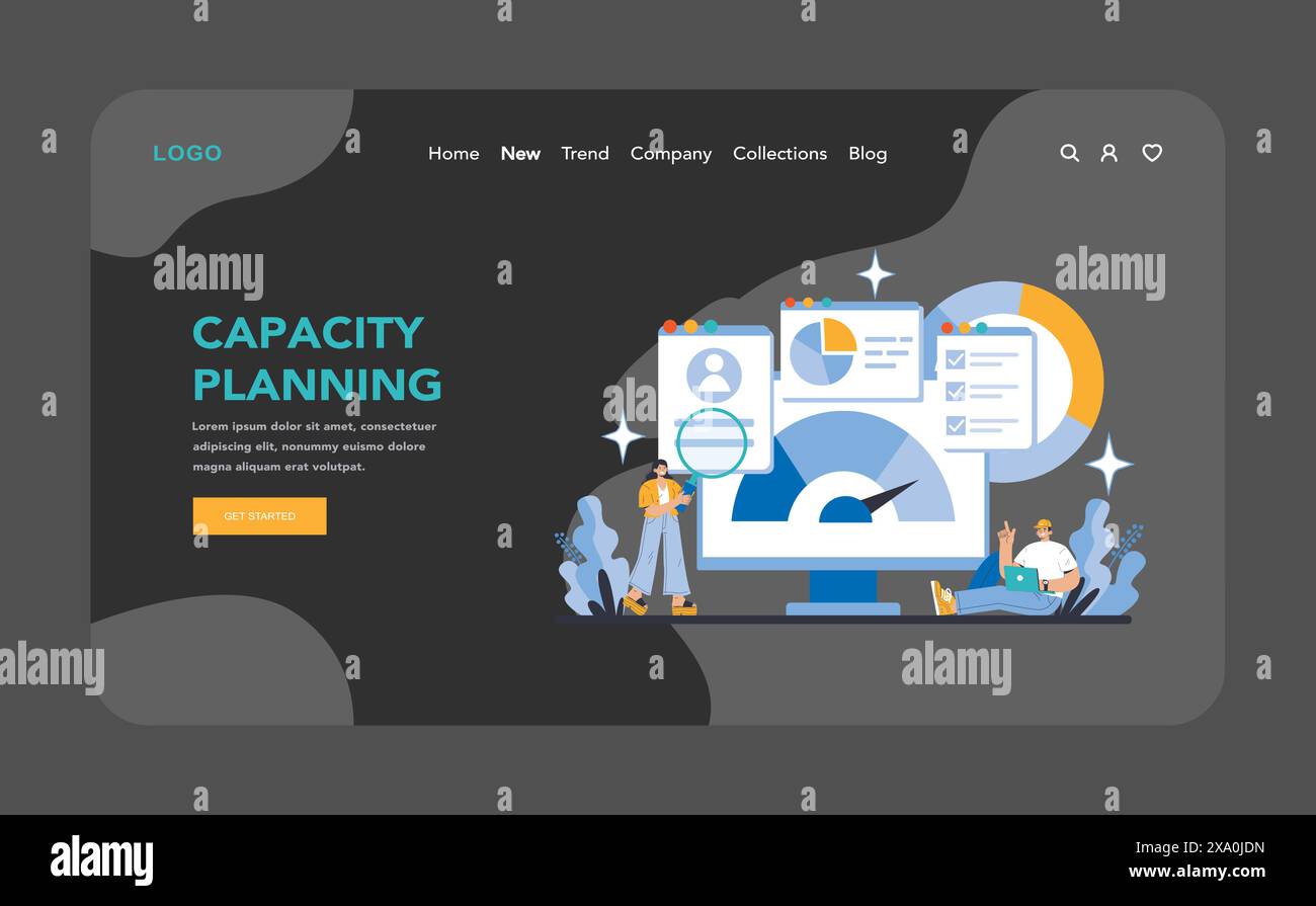 Capacity Planning night or dark mode web or landing page. Analyzing personnel and production ...