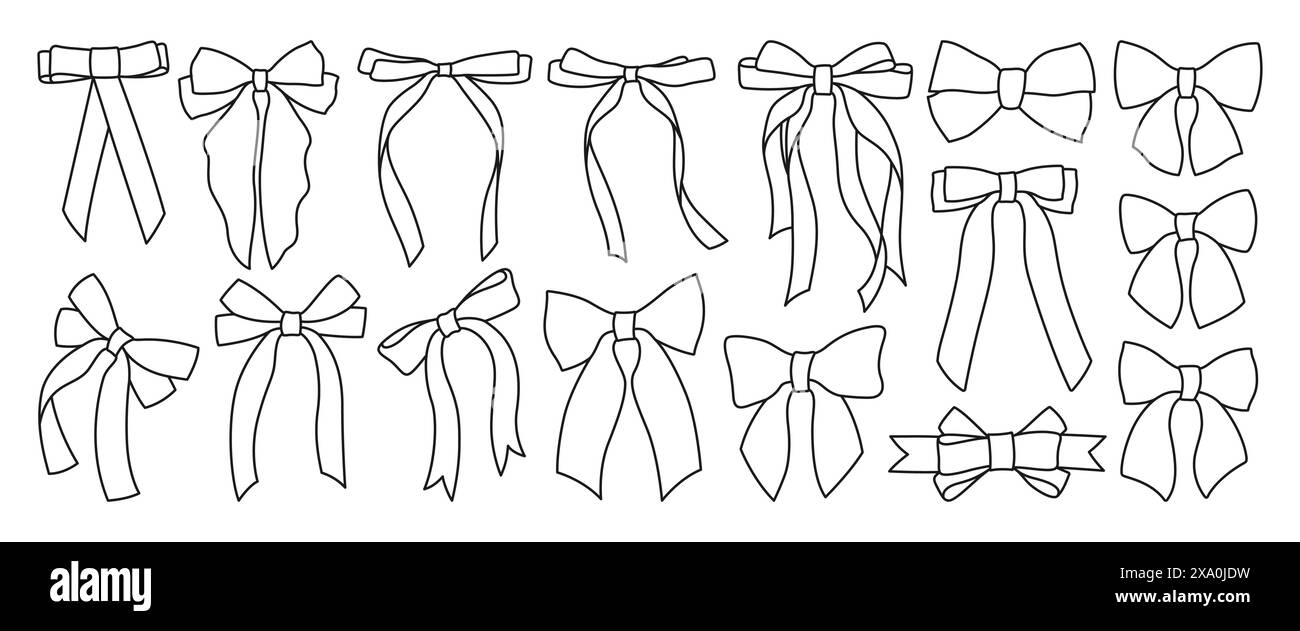 Ribbon bows linear symbol set. Trendy elegant outline sign bow for ...