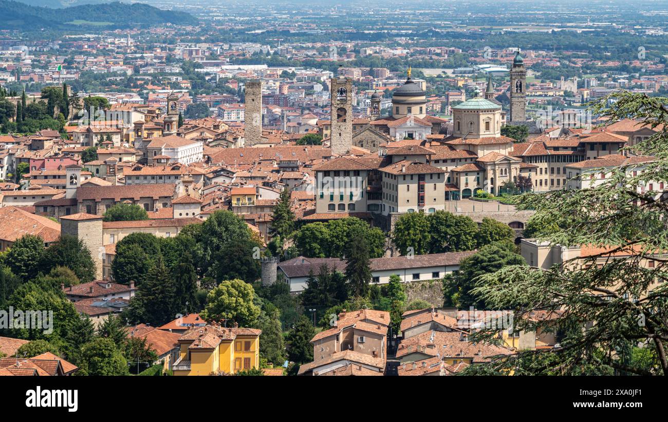 An aerial view of Bergamo old town seen from San Vigilio hill, in ...