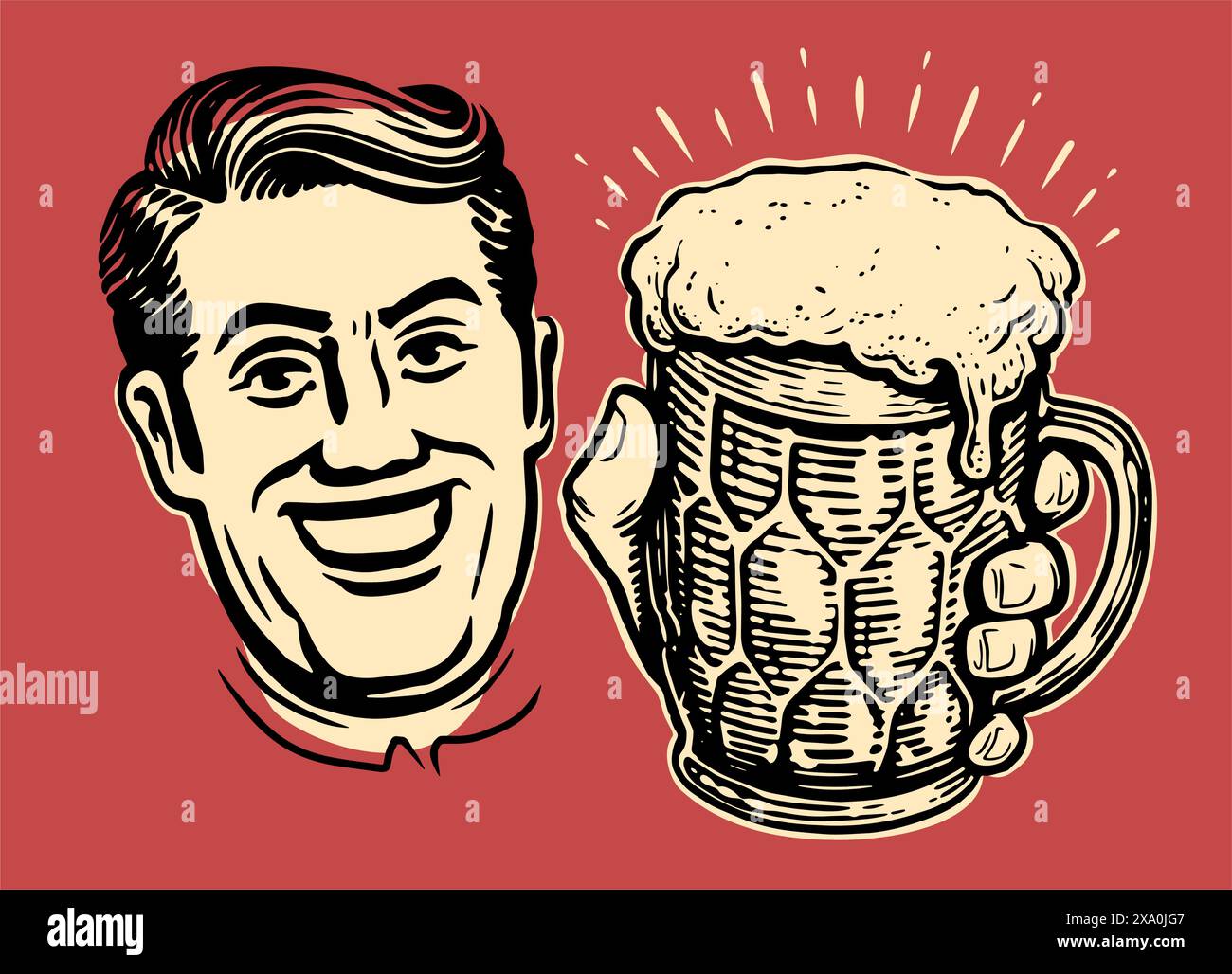 Smiling middle aged man offer glass mug of beer. Retro advertising ...