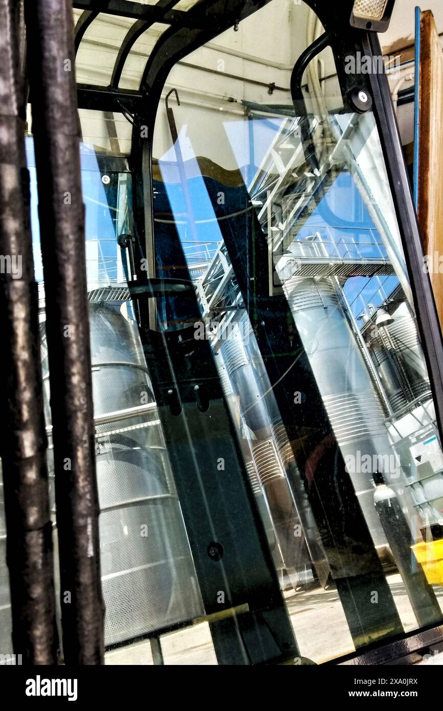 A reflection of an industrial truck seen through the cab's window Stock ...