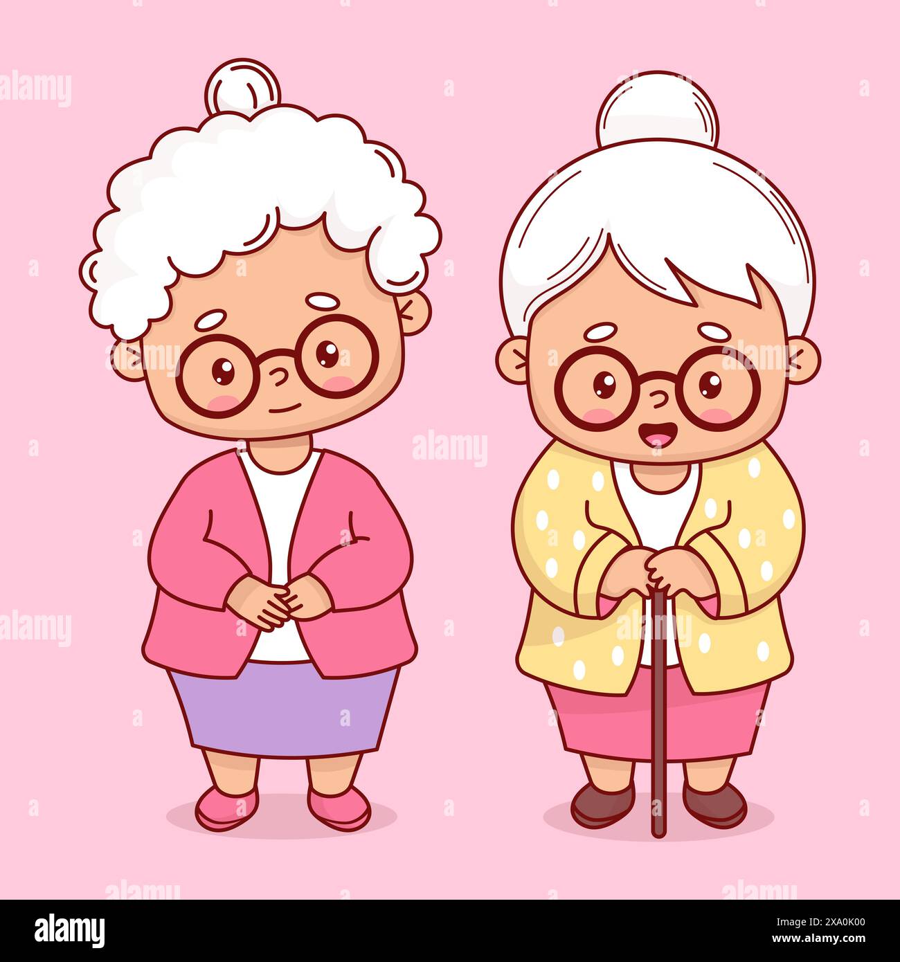 Cute couple elderly gray-haired women grandmothers with stick. Vector ...