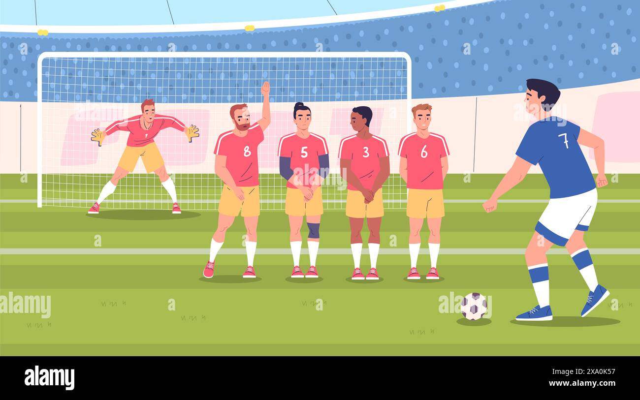 Player kick penalty. Soccer players team free kicks in football match stadium, footballer ...
