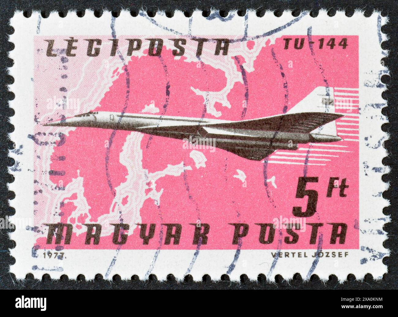Cancelled postage stamp printed by Hungary, that shows Tupolev TU-144 ...