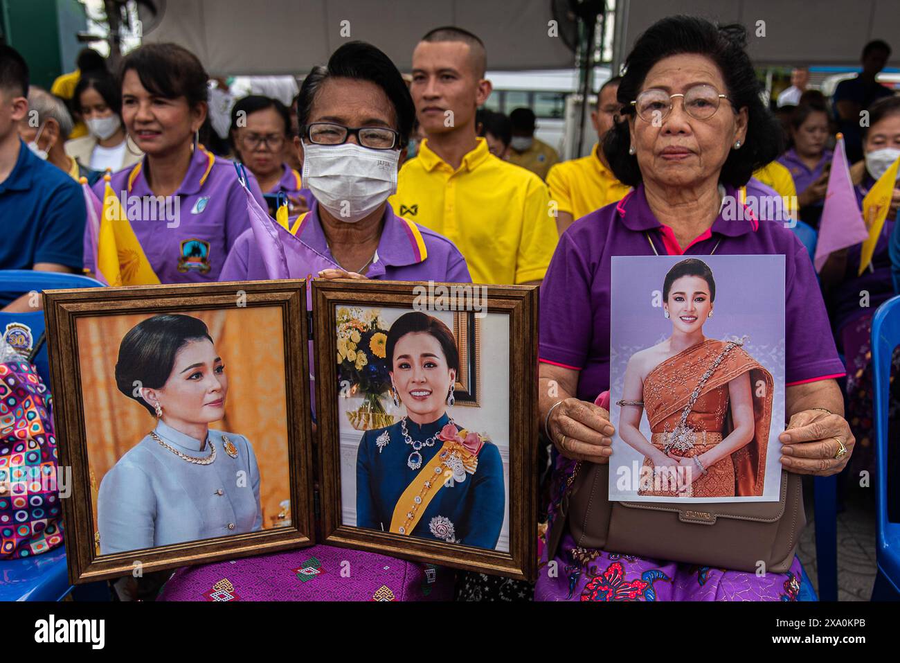 Bangkok, Thailand. 03rd June, 2024. Thai royalist supporters hold the portraits of Thai Queen ...