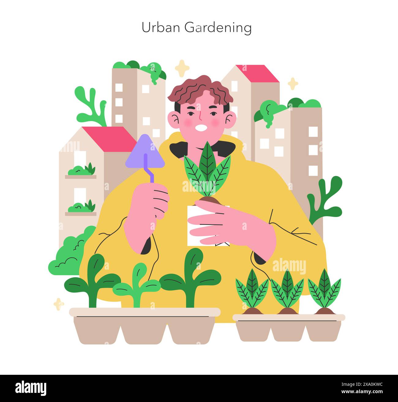 Maker Culture concept A gardener nurtures city greenery, harmonizing ...