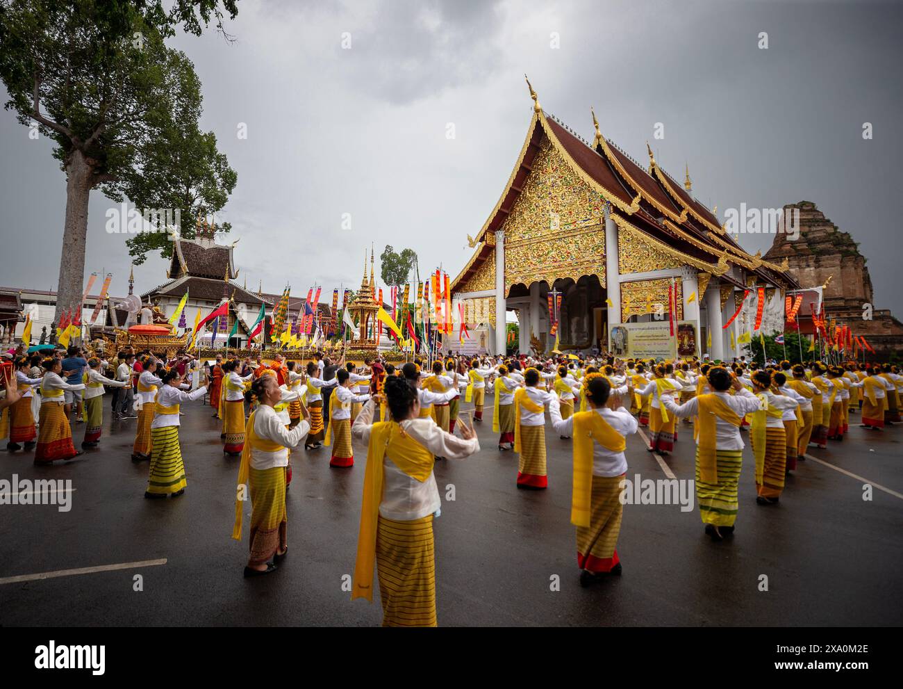 Thai performers wearing traditional costumes perform Thai Lanna dance ...