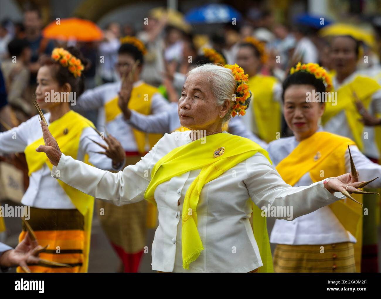 Thai performers wearing traditional costumes perform Thai Lanna dance ...