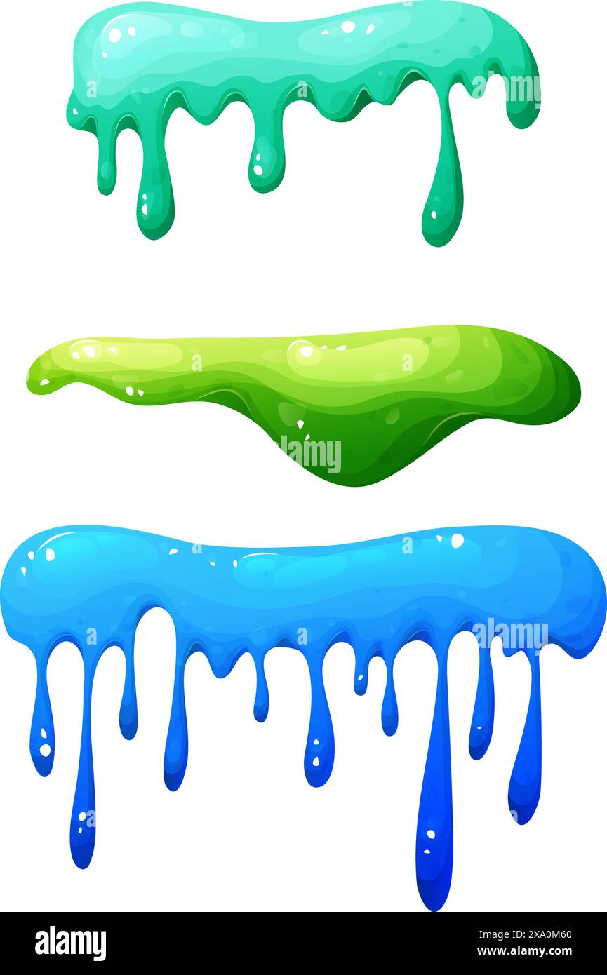 Colorful dripping slime in cartoon. Mucus splashes and liquid drop ...