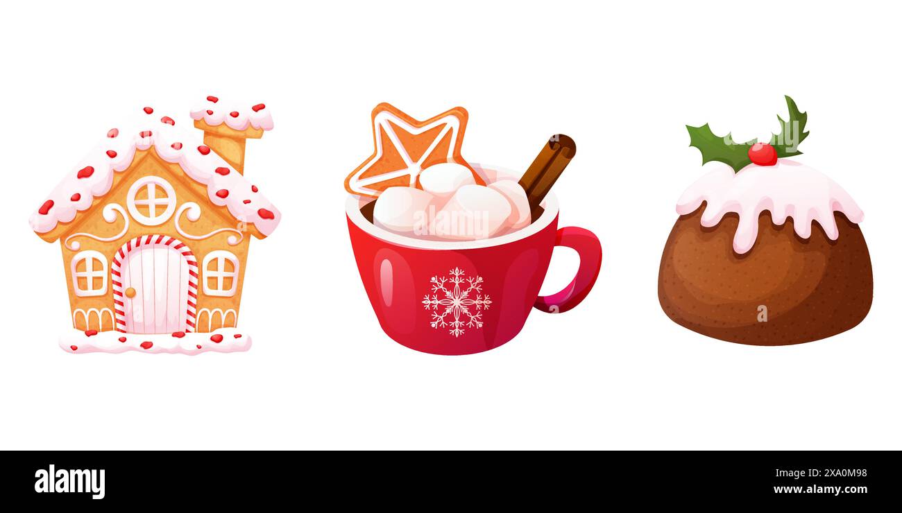 Set Traditional Pudding, Christmas cake, gingerbread house and cup with ...