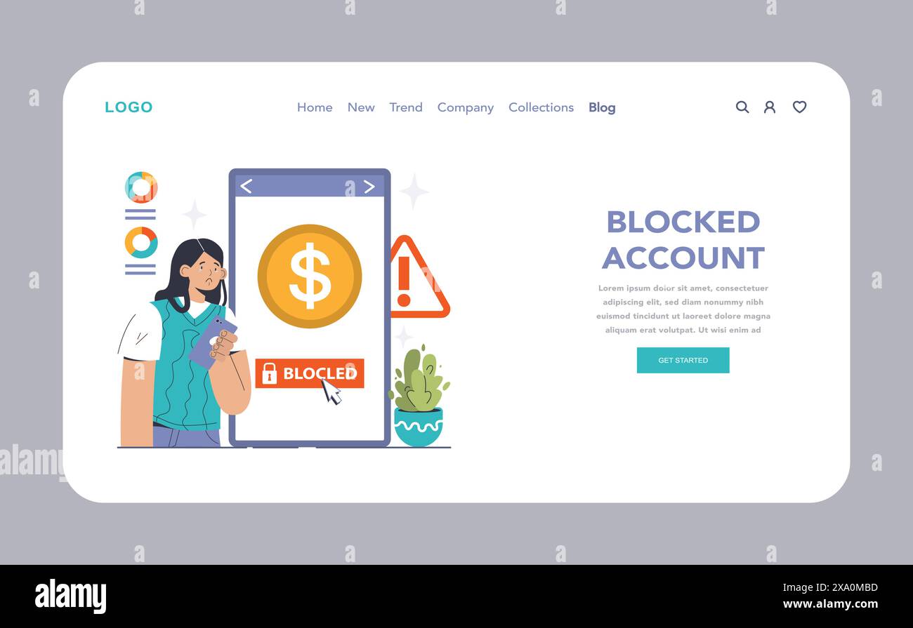 Blocked Account concept. Concerned young woman viewing a warning of a ...