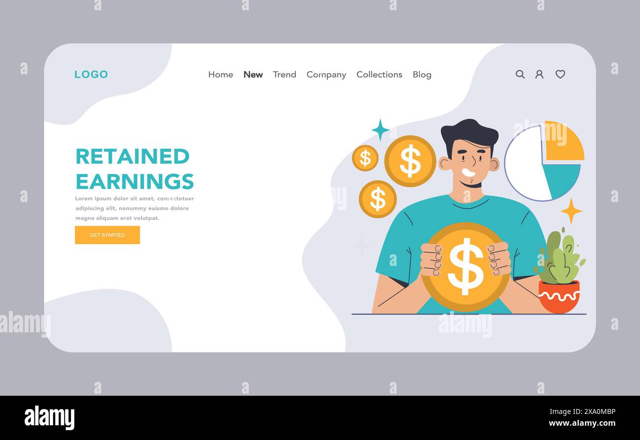 Retained Earnings web or landing. Confident man holding a golden coin ...