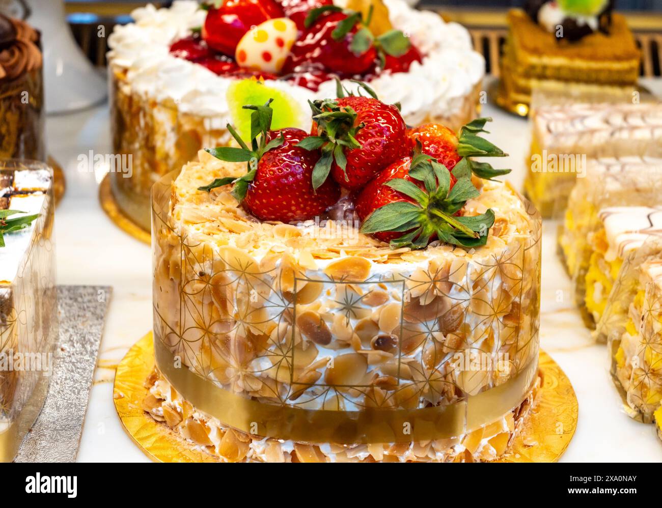 Classic biscuit tart with white whipped butter cream, fresh strawberry ...
