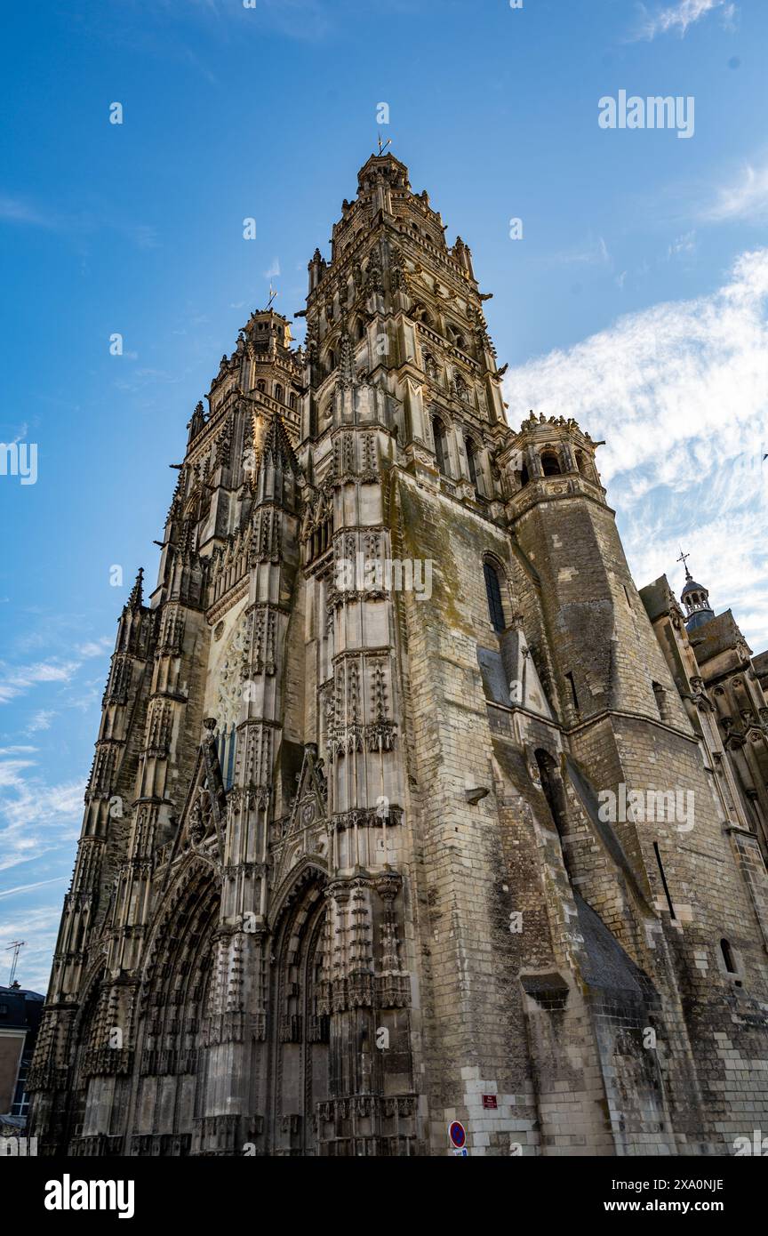 Tours street view, city on Central Loire valley, cathedral of Tours ...