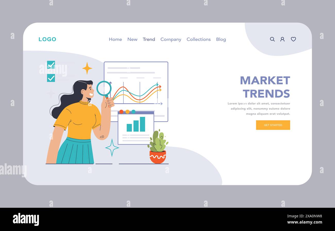 Market trends web or landing. Analytical woman scrutinizes growth charts on a digital board ...
